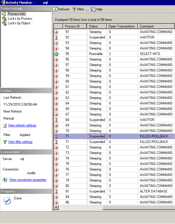SQLCoffee Cannot Kill Process With Status Suspended